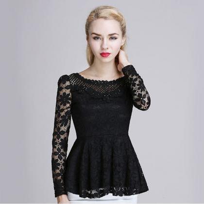 Elegant Long Sleeves Lace Floral Pattern Tops on Luulla