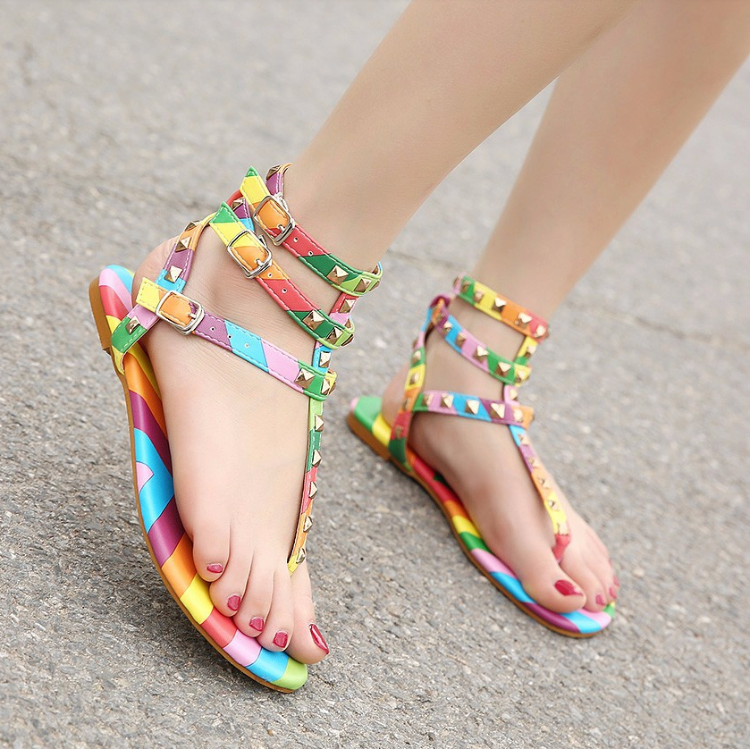 Colorful Handmade Rivets Flat Sandals on Luulla