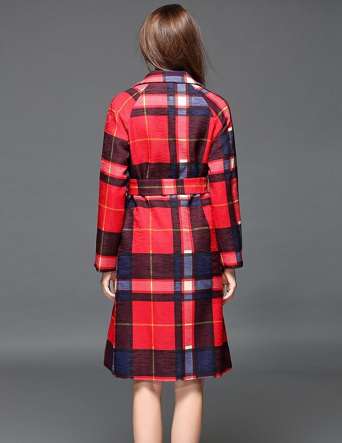 Elegant Double Breasted Red Checkered Pattern Long Coat on Luulla