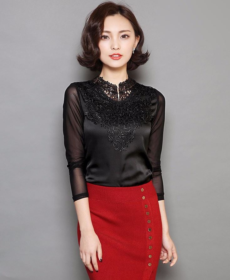 Elegant Long Sleeves Lace Floral Pattern Tops on Luulla