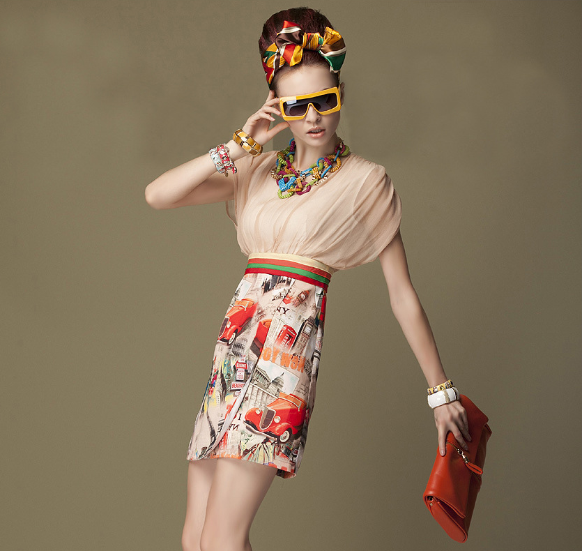 Colorful Vintage Print Two Tone Short Dress on Luulla